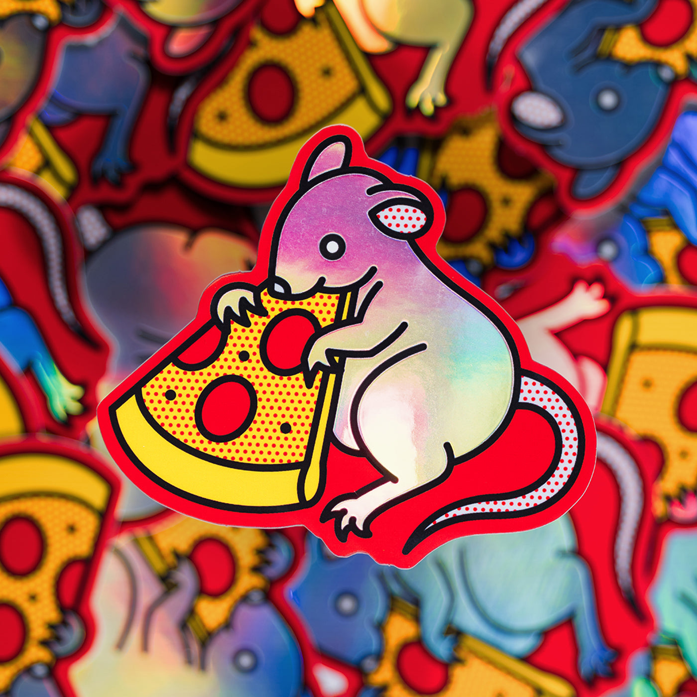 Pizza Rat Holographic Sticker – Red Halftone